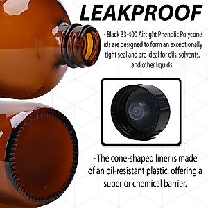 (2 Pack) - 32 oz Amber Glass Boston Round Bottles with Black 33-400 Airtight Phenolic Polycone Caps - Perfect Glass Containers for Secondary Fermentation, Storing condiment, Homemade Essential Oils