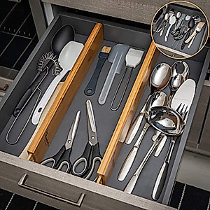 BambooYa Adjustable Premium Bamboo Drawer Divider Organizers | Expandable Spring-Loaded Drawer Separators | Best for Bathroom, Kitchen, Office, Dresser, and Bedroom | (4 Pack, Fully Closed 17.5in" - Fully Open 22.2"in) Made for larger drawers