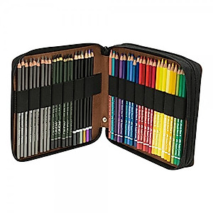 Creative Mark Soft Genuine Leather Pencil Case Holds 48 Pencil Pen Marker Makeup Brush Artist Tool Paint Brush Zippered Pouch Holder-48 Count [Black]