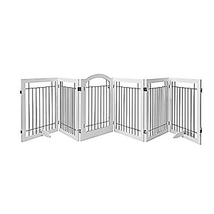 PAWLAND 144-inch Extra Wide 30-inches Tall Dog gate with Door Walk Through, Freestanding Wire Pet Gate for The House, Doorway, Stairs, Pet Puppy Safety Fence, Support Feet Included, White,6 Panels