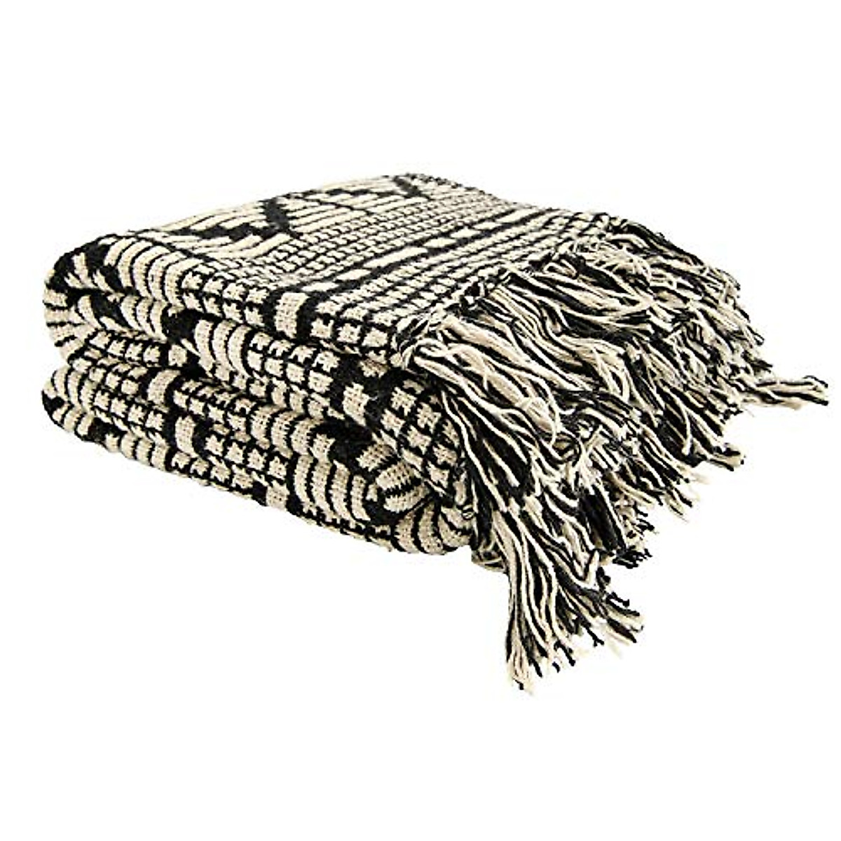 Bloomingville Black & Beige Woven Cotton Blend Blanket with Fringe Throw, One Size fits All, Black