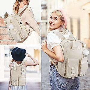 Backpack for Teens Girls, 15.6 Inch Cute Corduroy College School Computer Bookbag with USB Charging Port, TSA Lightweight Soft Travel Backpack Aesthetic Purse Bag for Women Nurse Teacher Work, Beige