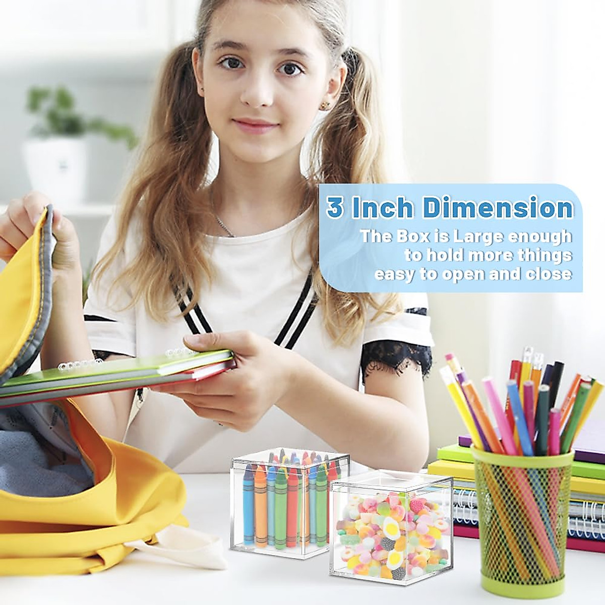 ALMOXVYE 15 Pieces Clear Acrylic Square Cube Boxes, 3 x 3 x 3 lnch Mini Acrylic Box with Lid, Small Plastic Candy Cubes for Jewelry, Coins, Beads, Craft Supplies, Pills Herbs, Sewing