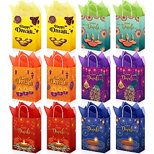 Kolldenn 48 Pcs Happy Diwali Gift Bags with Tissue Paper Festival of Lights Favors Bags with Handles Indian Diwali Goodie Gift Bags for Diwali Deepavali Party Indian Celebration Supplies Decoration
