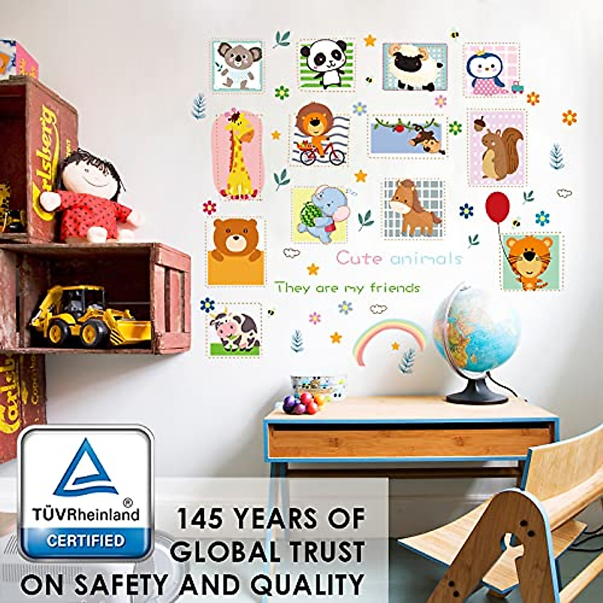 Waterproof Kids Wild Safari Animal Wall Stickers - Bathroom Mirror or Window - Peel & Stick Jungle Theme Unisex Wall Decals for Baby's & Kids Room, Nursery, Classroom, Playroom & Party Decorations