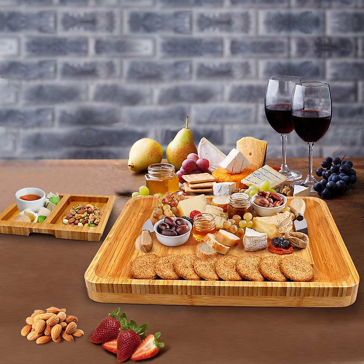 Bamboo Cheese Board and Knife Set,Cheese Servers with Hidden Drawer,Charcuterie Platter and Cheese Serving Tray for Wine, Crackers,Brie and Meat