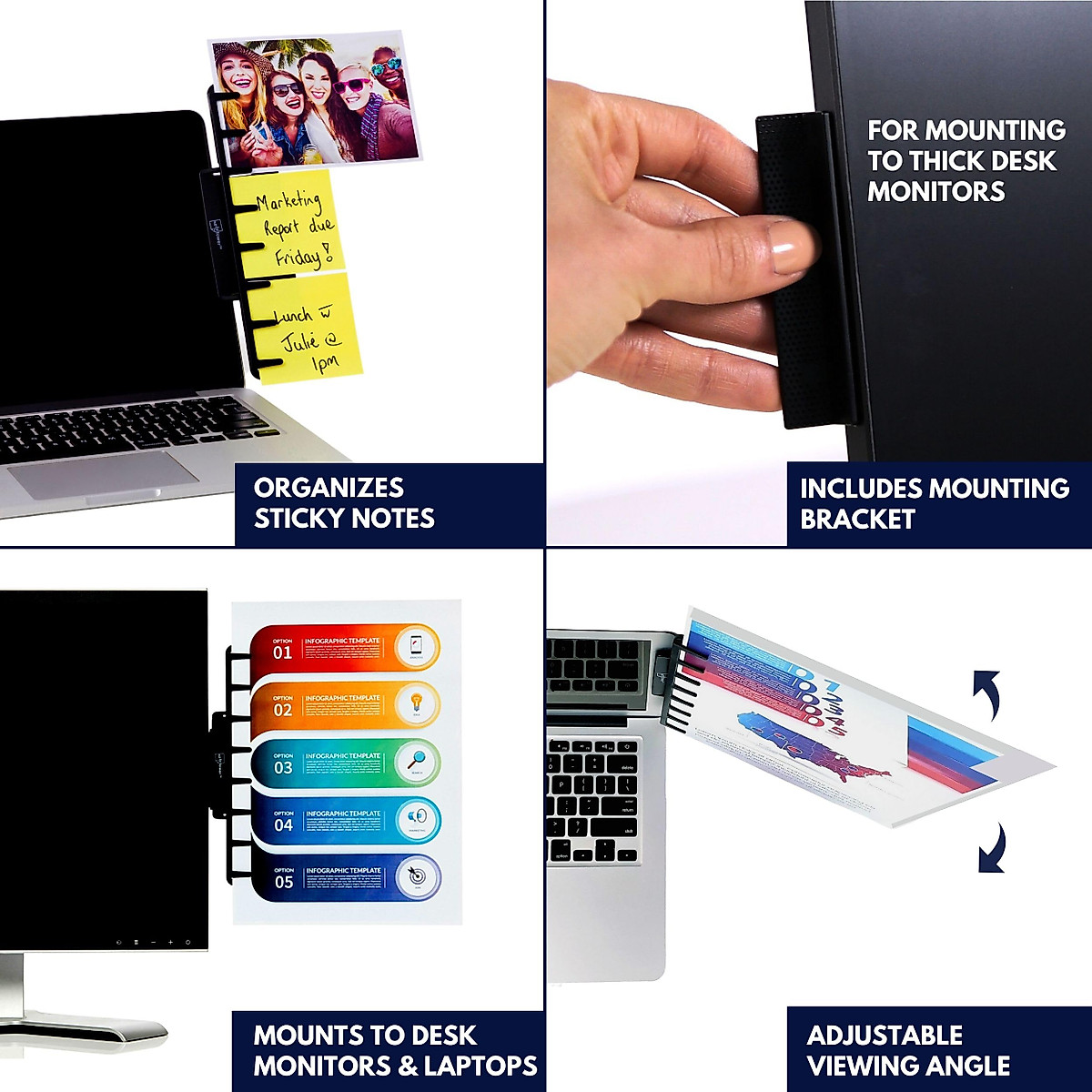 Note Tower Monitor Document Paper Holder for Typing - Sticky Note Organizer - Mounts to Laptops & Desktop Monitors, Reduces Eye and Neck Strain - Black