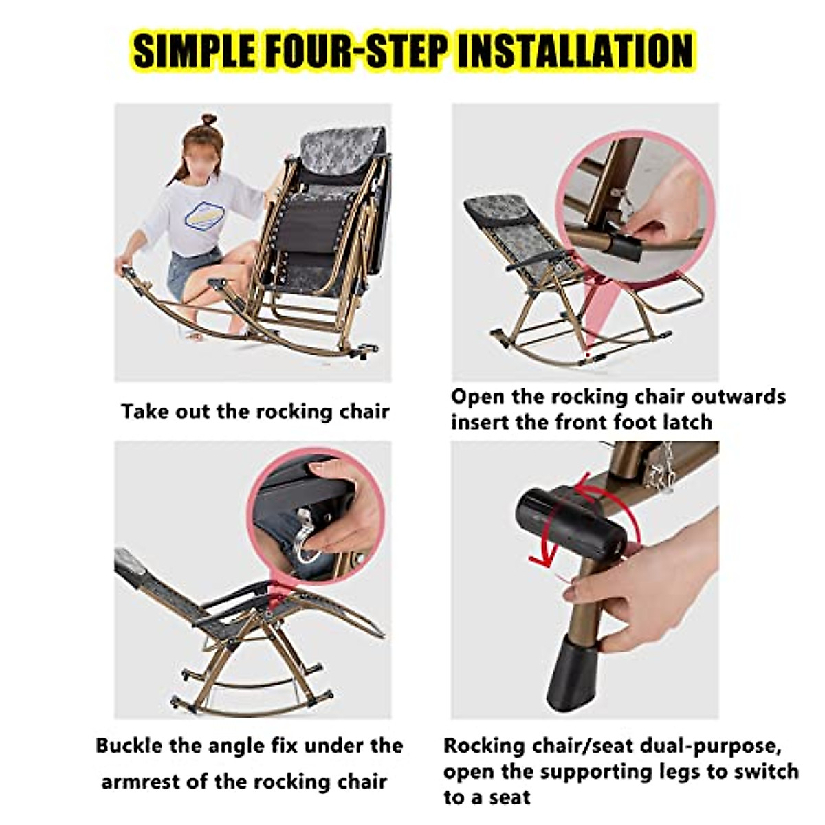 REBOTZ Rocking Chair Lounge Chair Wicker Chair Folding Office Lunch Break Chair Home Leisure Cool Chair Sun Lounger Living Room Lounge Arm Chair, for Living Room Bedroom Offices 1 Black