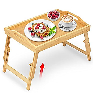 Mayyol Breakfast Bed Tray for Eating - Raised Food Table Up to 9.5" on Lap Sofa - Adjustable Bamboo Serving Tray - Portable Snack Platter with Folding Legs Ideal for Bedroom Picnic