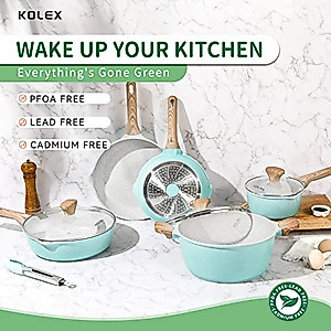 KOLEX Nonstick Cookware Sets,12-Piece Kitchenware Pots and Pans Set Granite Coating,Includes Frying Pans,Deep Frying pans,Stockpots And Cooking Tools,Suitable For All Stove,100% PFOA Free,Turquoise.