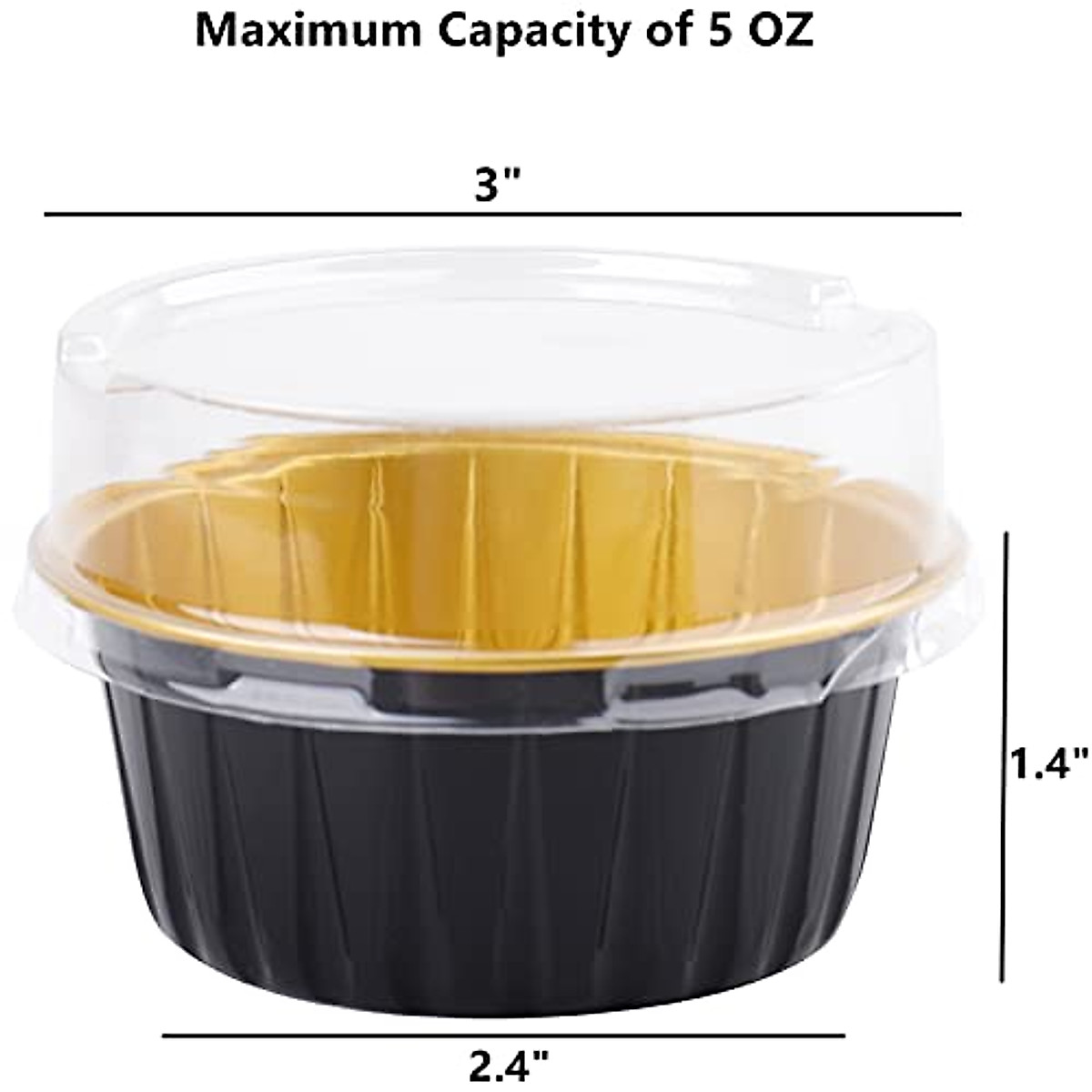 DEAYOU 100 Pieces Aluminum Foil Baking Cups with Lids, 5oz Disposable Ramekins Muffin Cups, 3" Cupcake Foil Liners Tart Pie Tin Pan Holder for Pudding, Souffle, Party, Wedding, Black Gold Color