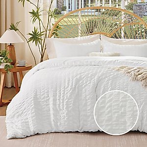 FreshCulture White Duvet Cover King, 3 Pieces Seersucker Duvet Cover Set for All Seasons, Textured Duvet Cover with Zipper Closure and Corner Ties, 1 Duvet Cover & 2 Pillow Shams