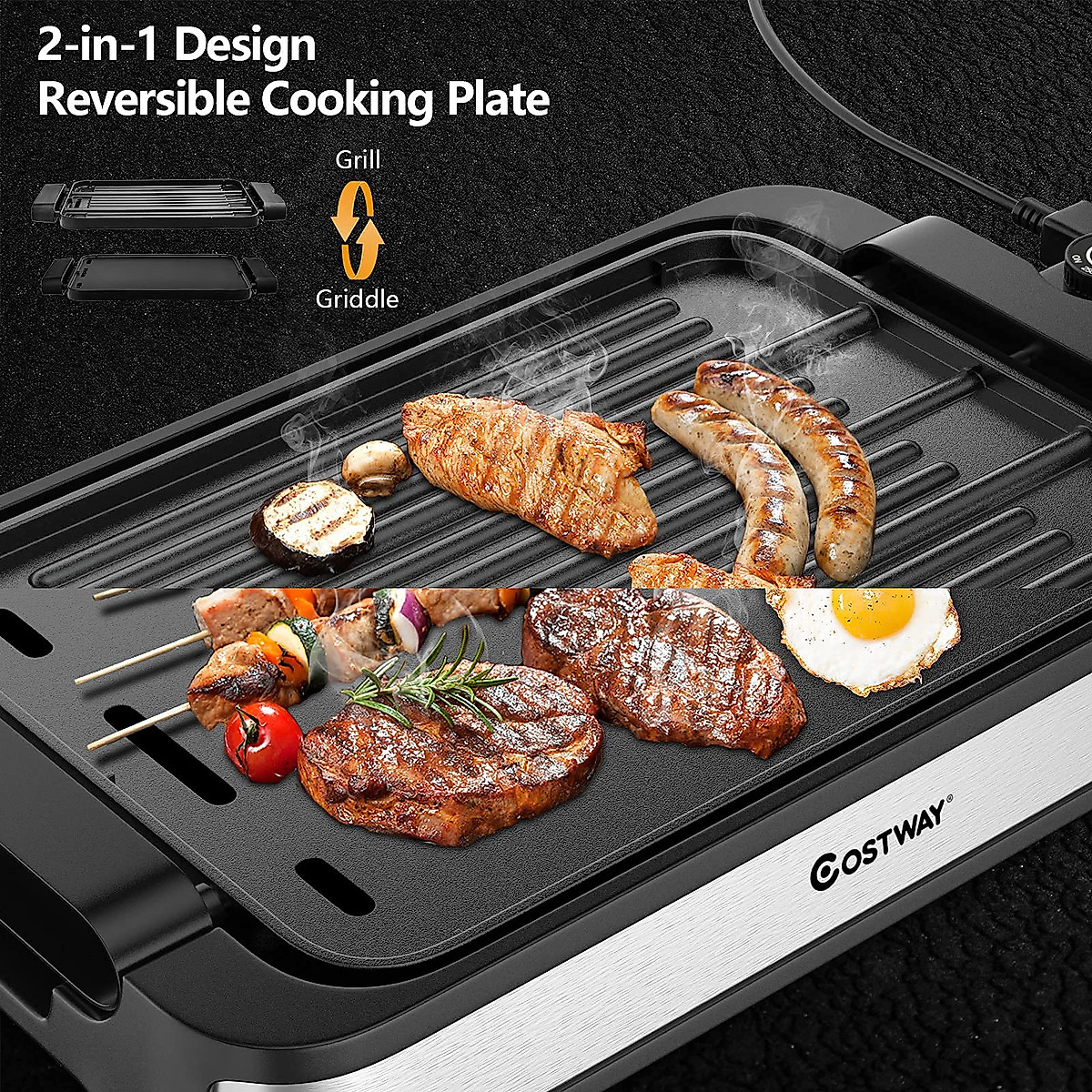 COSTWAY 2-in-1 Smokeless Indoor Grill, 1500W Electric Griddle w/Non-stick Reversible Cooking Plate, Large Drip Tray, Temperature Control, Dishwasher-safe