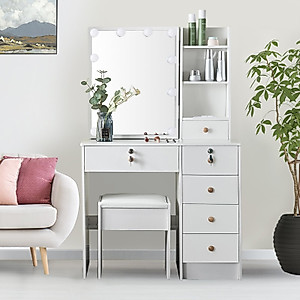 Buildonely Makeup Vanity Set with Mirror and Lights, Hollywood Vanity Desk with 4 Drawers and Display Shelves for Storing Items, Dressing Table with Soft Stool for Girls