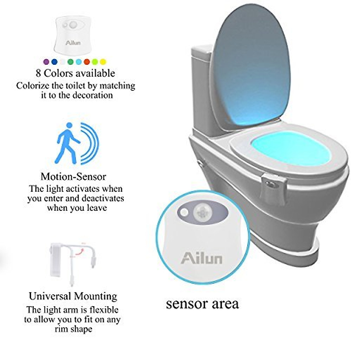 Toilet Night Light 2Pack by Ailun Motion Sensor Activated LED, 8 Colors Changing Toilet Bowl Illuminate Nightlight for Bathroom Battery Not Included Perfect with Water Faucet Light