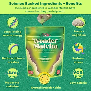 Pow Wonder Matcha | Organic Ceremonial Matcha w/Adaptogens, Mushrooms, Lion's Mane Mushroom and Ashwagandha | Lightly Sweetened (14 Servings)