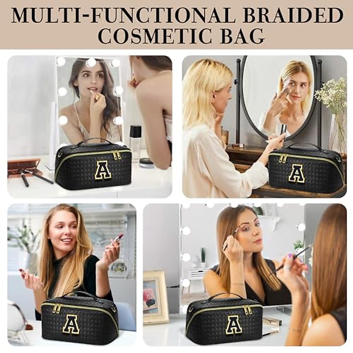 YOOLIFE Initial Travel Makeup Bag - Make Up Bag PU Leather Cosmetic Bag Travel Toiletry Bag for Women Cute Makeup Bag Black Make Up Bags for Women Large Makeup Bag Unique Birthday Gifts Black N