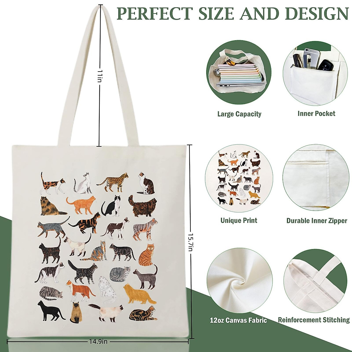 Andeiltech Canvas Tote Bag for Women Fun Cat Aesthetic Tote Bag with Inner Pocket Cats Shoulder Book Bag Gift Shopping Reusable Grocery Bags