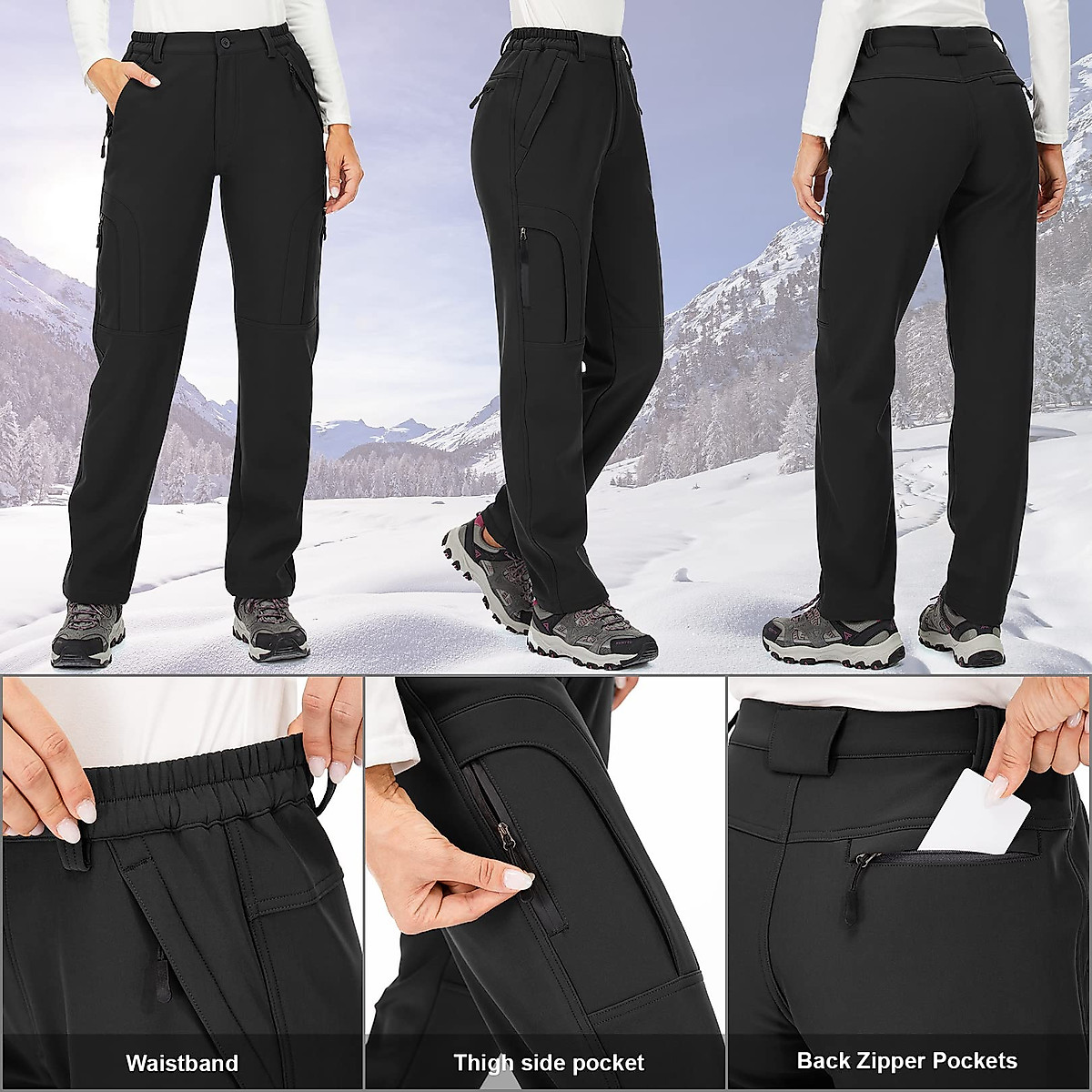 Women's Snow pants Hiking ski Waterproof Fleece Lined Outdoor Cargo Pants Softshell Winter Warm Pants with Zipper Pockets,H4409,Black,6