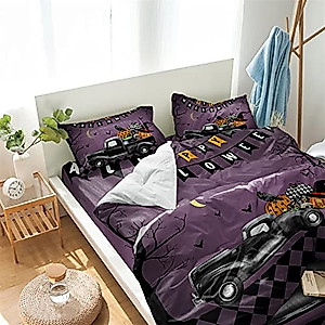 Halloween Pumpkin Ghost Face Black Truck Duvet Cover Sets 4 Piece Full Ultra Soft Bed Quilt Cover Set for Kids/Teens/Women/Men,Bat Dead Trees Plaid Bedding Collection All Season Use