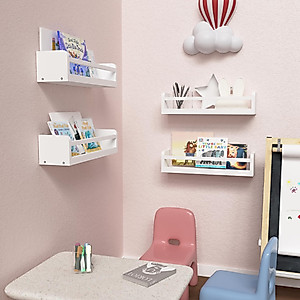 Boswillon Dual-Guard Nursery Book Shelves Set of 4, Wood Floating Shelves for Nursery Room Wall Decor, Wall Mount Kids Bookshelf for Baby Bedroom Storage, Toddler Toy Hanging Wall Organizer - White