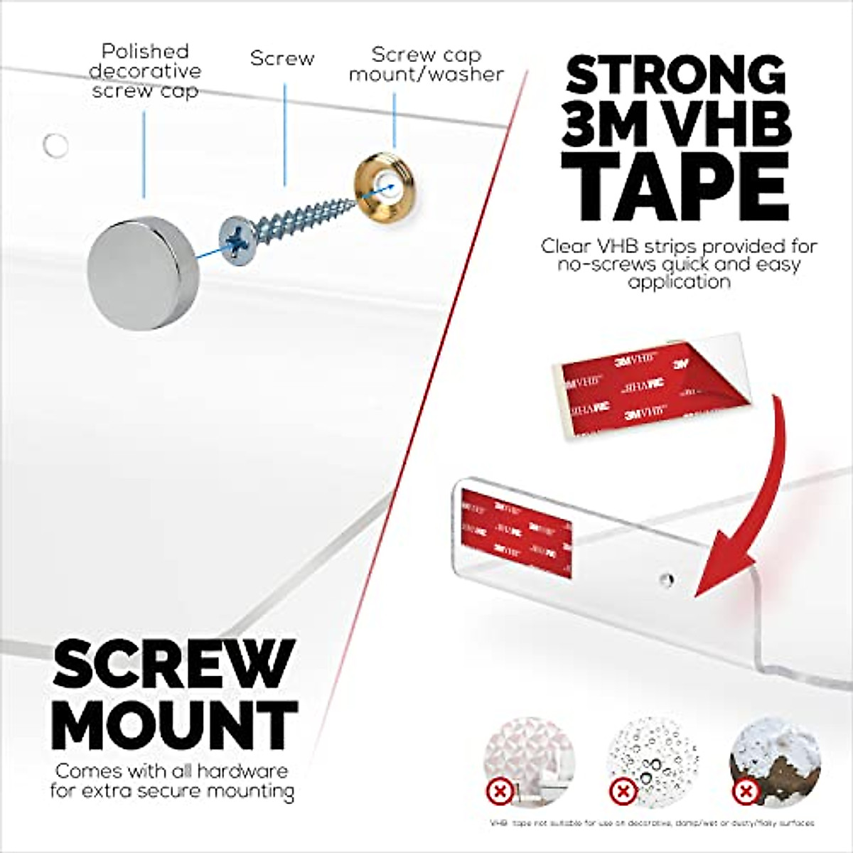 BRAINWAVZ 2-Pack 8” Corner Floating Shelf for Speakers, Books, Decor, Plants, Cameras, Photos, Kitchen, Bathroom, Routers & More Universal Small Holder Acrylic Wall Shelves (Clear)