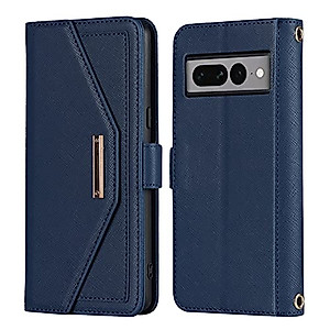 Jaorty Crossbody Wallet for Google Pixel 7 Pro Case with Adjustable Lanyard Strap Credit Card Holder 6.7",PU Leather Handbag Purse Kickstand Make Up Mirror Cover Case for Men Women Girl,Blue