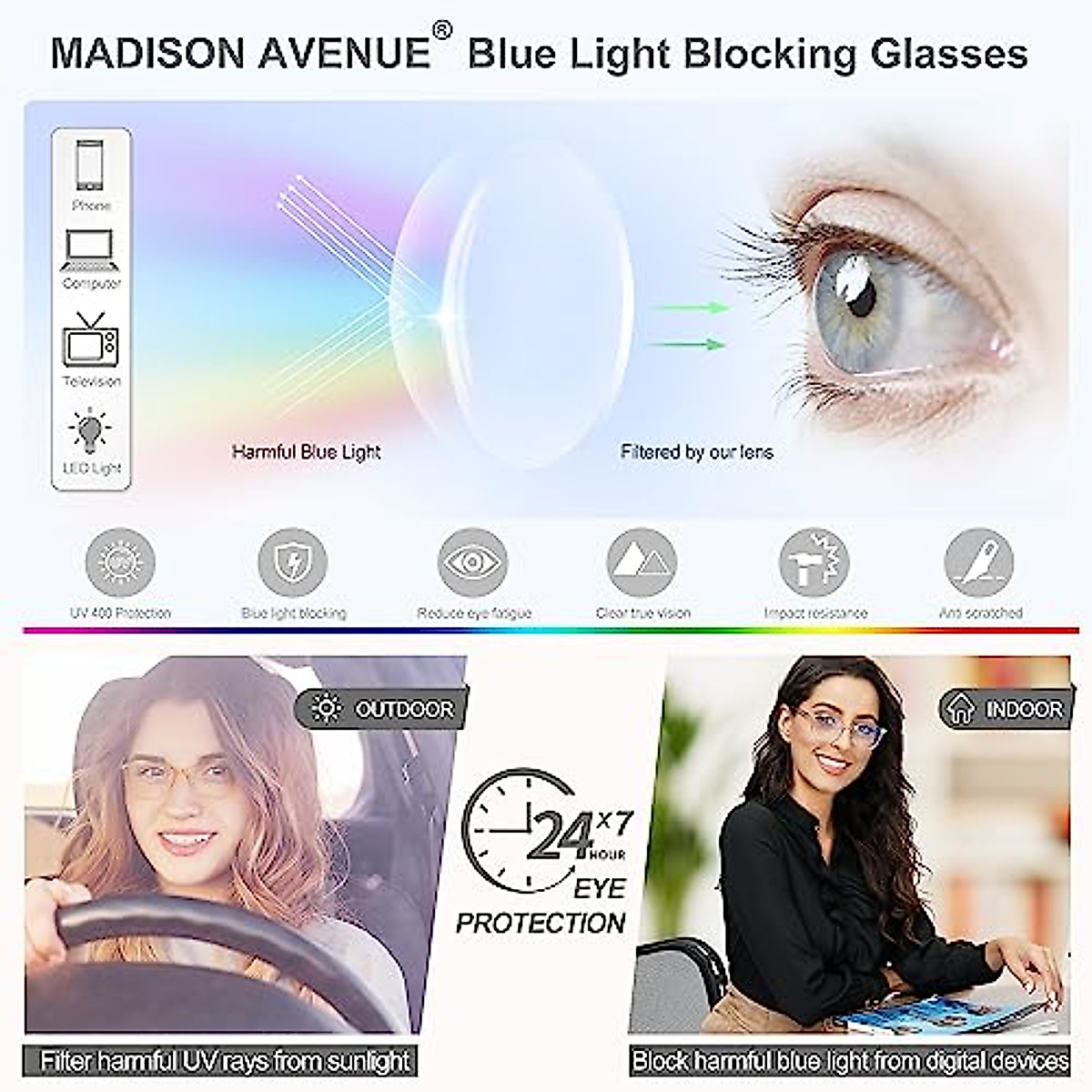 Madison Avenue Blue Light Blocking Glasses Anti Eyestrain UV Glare Blue Light Glasses for Women TV Phone Computer Gaming Eyeglasses (Transparent Grey)