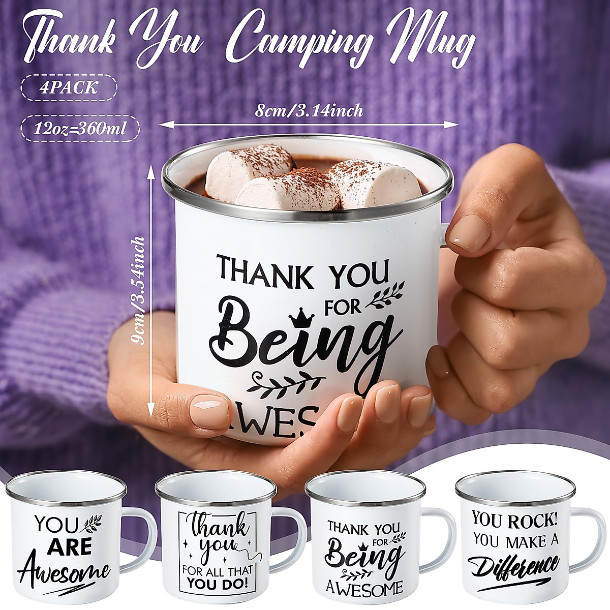 Tanlade 4 Pcs Thank You Mug Employee Appreciation Gifts 12 oz Enamel Coffee Mugs with Handle White Inspirational Cups Appreciation Gifts for Employee Coworkers Teacher Nurse Volunteer(Stylish)
