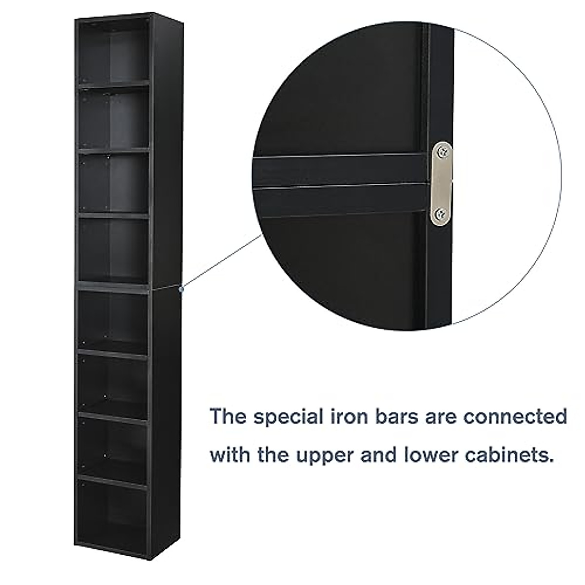 VKKILPEE Slim Media Tower Rack with Adjustable Shelves, 8-Tier Tall Narrow Storage Cabinet CD Display Rack Bookshelf, Multifunctional Double-Decker Bookcase for Home Office & Apartment, Black