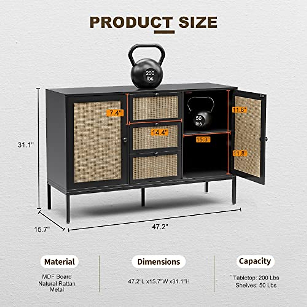 IKIFLY Rattan Sideboard Buffet Cabinet, Boho Rattan Storage Cabinet with 3 Drawers and 2 Doors, Accent Console Table Cabinet for Living Room, Kitchen, Dining Room, Entryway - Black