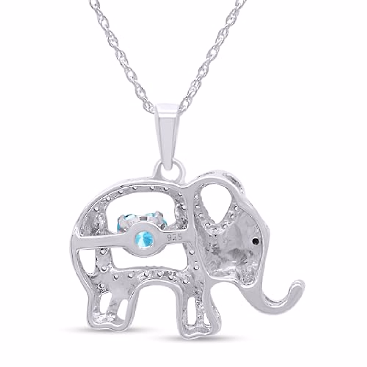 AFFY Simulated Aquamarine And White Cubic Zirconia Floater Elephant Pendant Necklace, 14K White Gold Over Sterling Silver, 5MM Heart Cut Center Aquamarine, 18'' Rope Chain