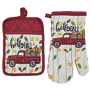 Serafina Home Hello Fall Farm Truck Kitchen Towels and Pot Holder Set: Autumn Harvest Pumpkins and Colorful Leaves, Pot Holder Oven Mitt has Embellished Jacquard Weave