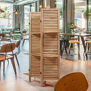 JAXPETY 4-Panel Wood Louvered Room Divider with Wide Transverse Boards, 5.6 Ft Tall Oriental Folding Freestanding Privacy Screen Room Dividers for Home, Office and Bedroom, Nature