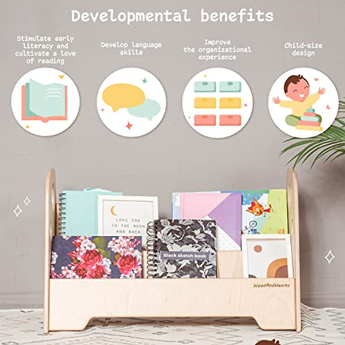 Woodandhearts Montessori bookcase - Wooden bookshelf for toddlers - Floor bookshelf for modern kids - Front facing bookshelf (Adam)