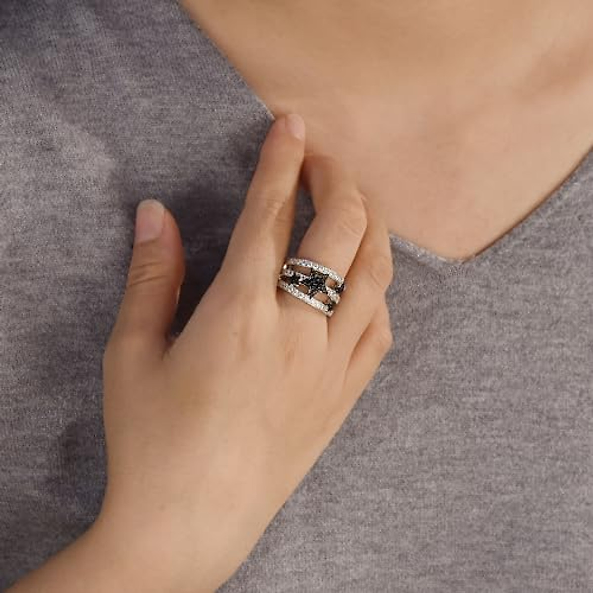 Bling Jewelry Stars and Moon Simulated Onyx Pave CZ Astrology Cocktail Ring,Black,7