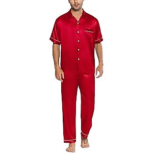 SWOMOG Mens Silky Satin Pajamas Set Short Sleeve Pjs Button Down Sleepwear Top & Long Pants Red XX-Large