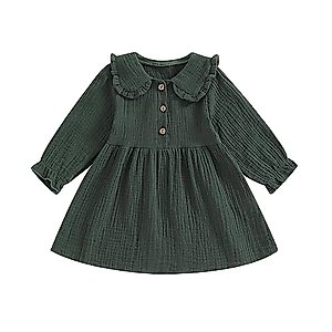 Mialoley Baby Girl Doll Collar Dress Long Sleeve Toddler Solid Color Ruffle A Line Spring Fall Casual Infant Sundress Button (Green, 18-24 Months)