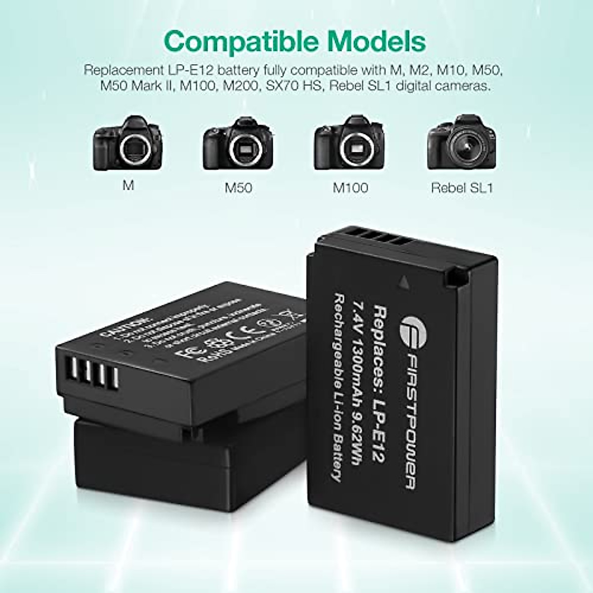 FirstPower LP-E12 Battery 3-Pack and Triple Slot Charger for Canon EOS M50, M50 Mark II, M, M2, M10, M100, M200, Rebel SL1, PowerShot SX70 HS Digital Cameras