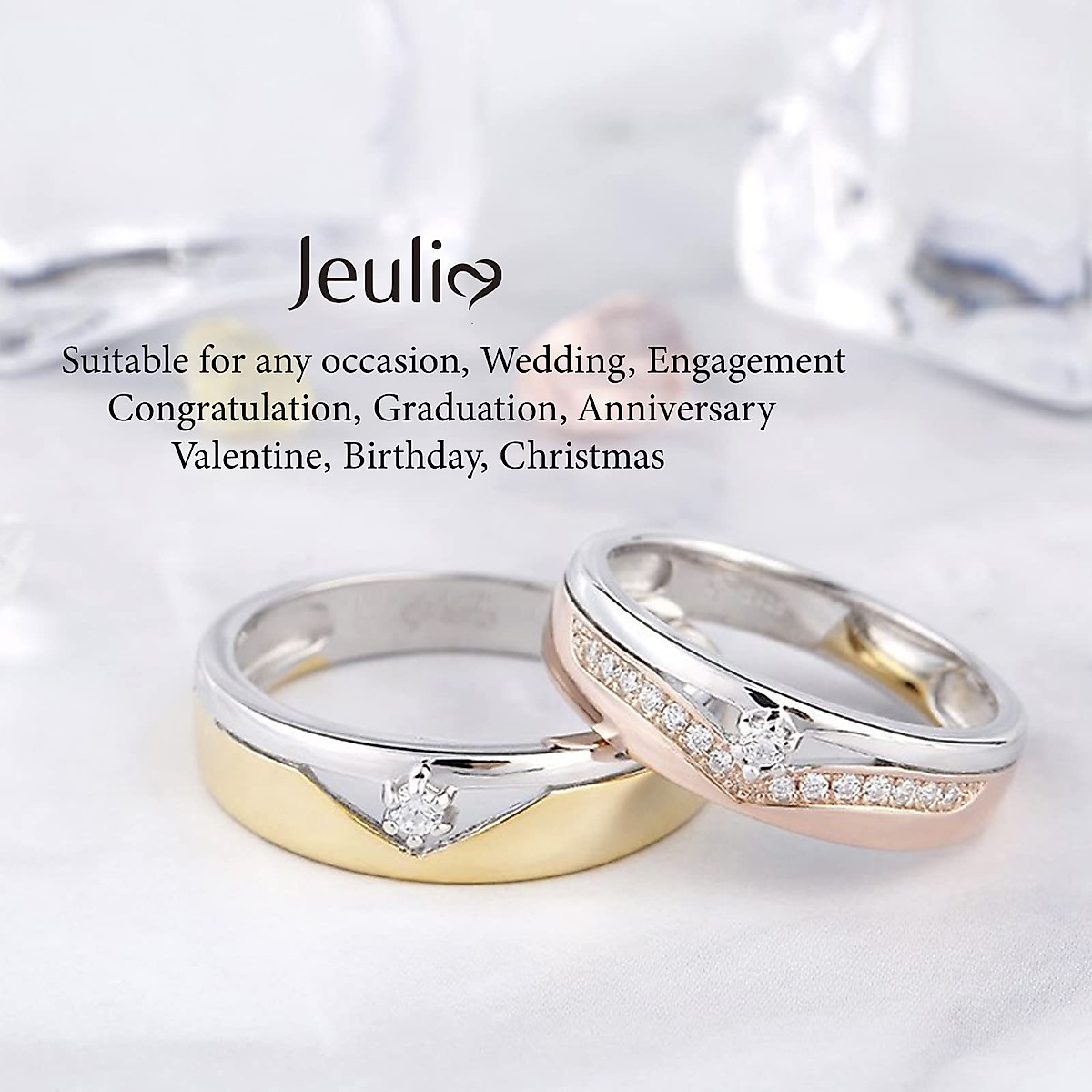 Jeulia Sterling Silver Couple Band for His and Her Two Tone Round Cut Matching Anniversary Wedding Diamond rings Engraving Jewelry Set Valentine Day with Gift Box (Couple rings, Customized)