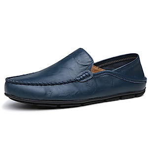 Go Tour Men's Premium Genuine Leather Casual Slip On Loafers Breathable Driving Shoes Fashion Slipper Blue 10.5/46