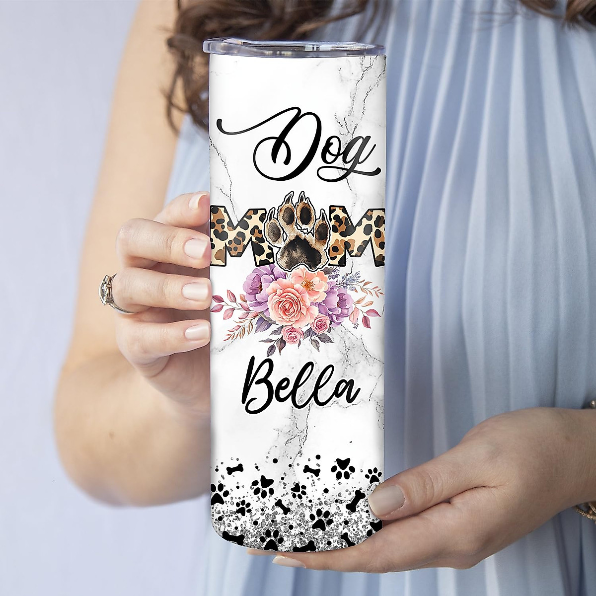 Hyturtle Personalized Dog Mom 20oz Tumbler with Lid Gifts for Dog Lovers, Mother's Day Cup Gift For Women, Best Birthday Gift Ideas for Fur Mama Custom Name Photo Stainless Steel Travel Skinny Cup