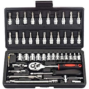 VEHIMACH Drive Socket Set, SAE and Metric Hex Bit Socket Set, Ratchet Wrench Set with S2 & CR-V Sockets, Mechanic Tool Kits for Auto Repair Household