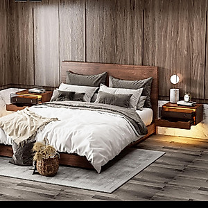 MUSSTUFIC Floating LED Nightstand, Smart Sensor Bedside Wall Mounted Wood Side End Table with 2 Storage Drawers for Bedroom Dorm Small Space, Dark Walnut (Walnut, 1 pcs)