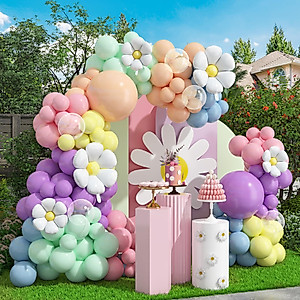 HOUSE OF PARTY Groovy Daisy Flower Balloons - 114 Pcs Pastel Rainbow Balloon Arch Garland Kit - Clear Bubble & Bobo Balloons - Perfect for Birthday, Baby Showers, Weddings & Party Decoration!