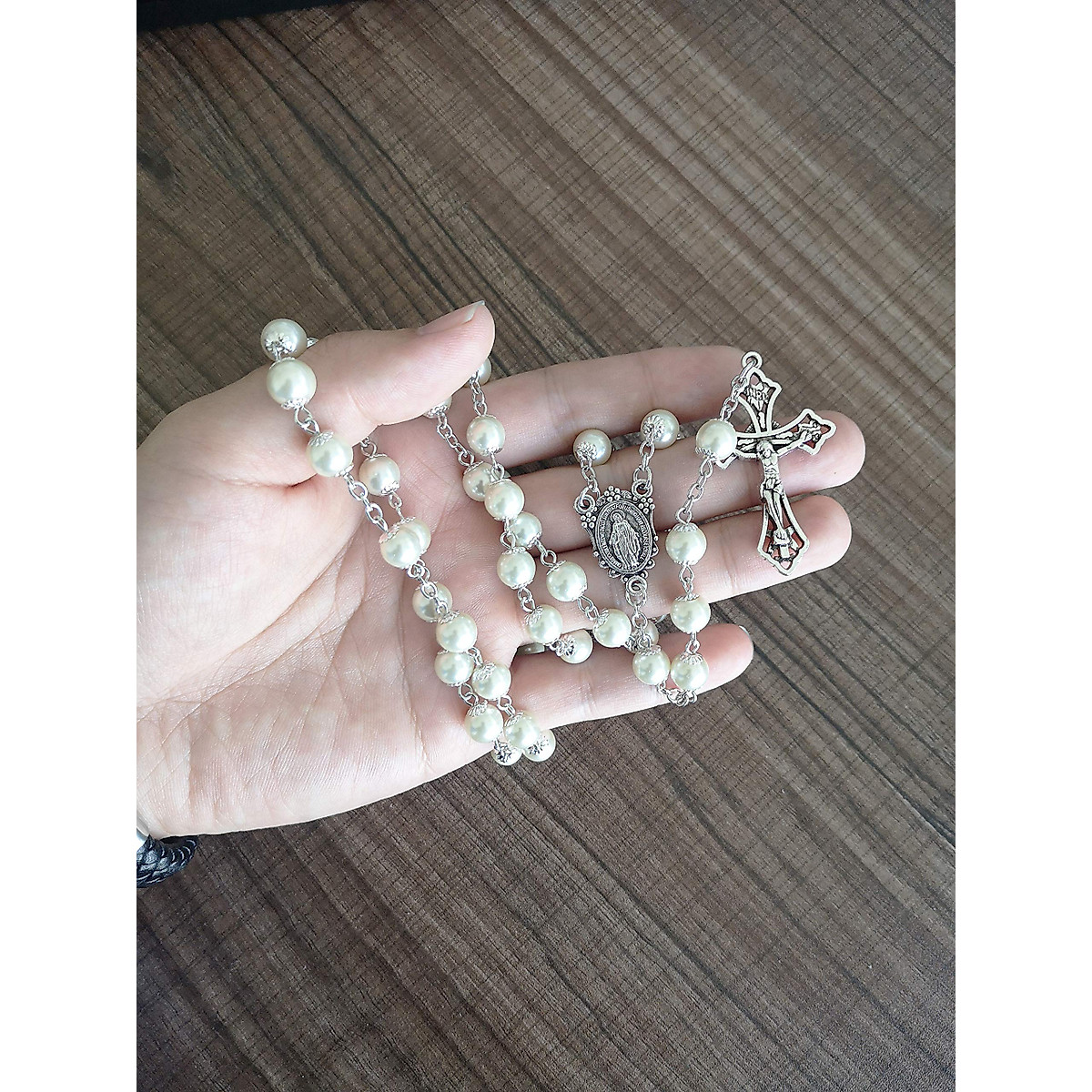 Catholic Pearl Beads Rosary Necklace Metal Beaded Miraculous Medal & Cross Rosary for Women (Silver)