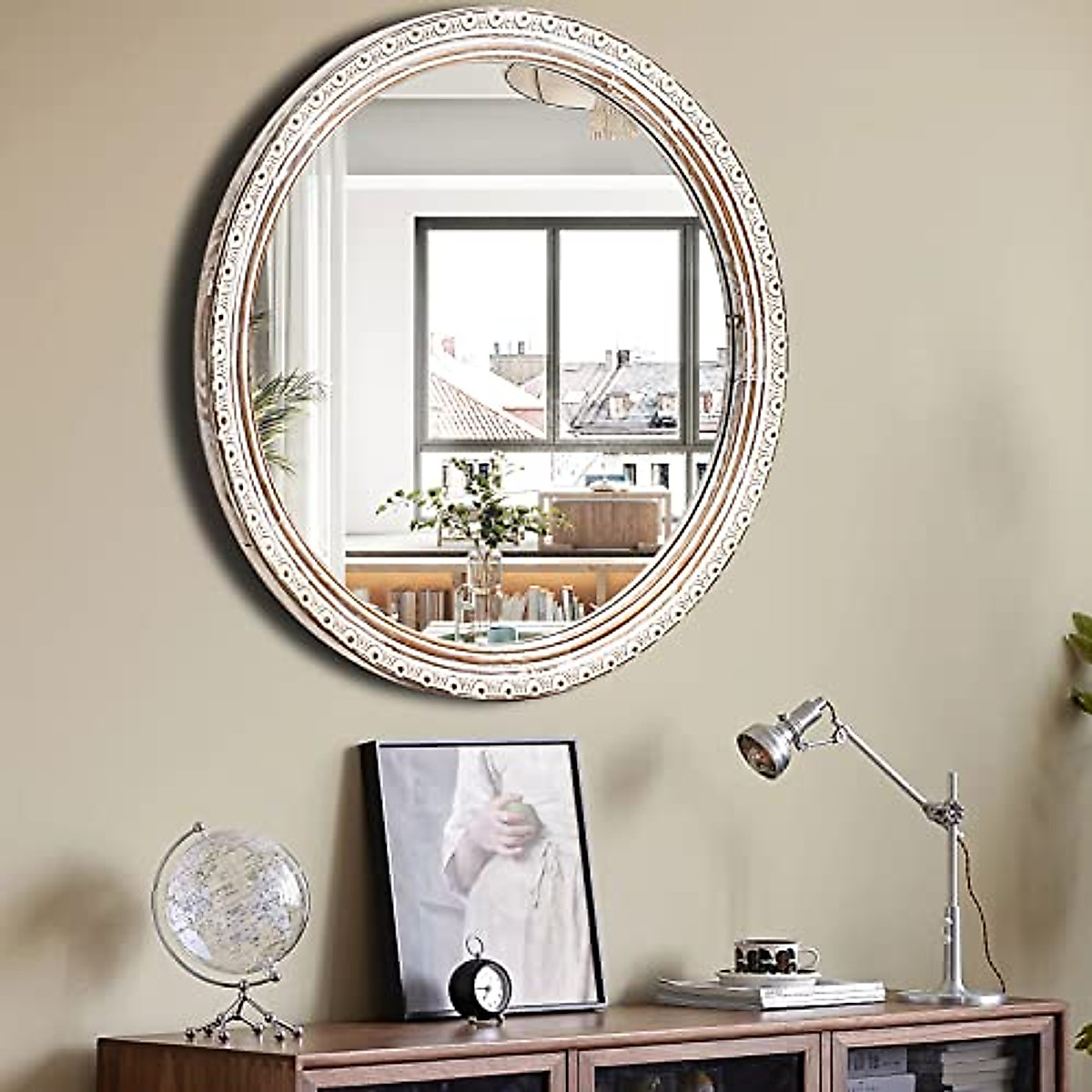HCODCIBA Round Mirror 24 Inches, Farmhouse Wood Circle Mirror,Wall Mirror Decorative for Entryway,Bedroom, Living Room,Rustic Wooden Hanging Mirror