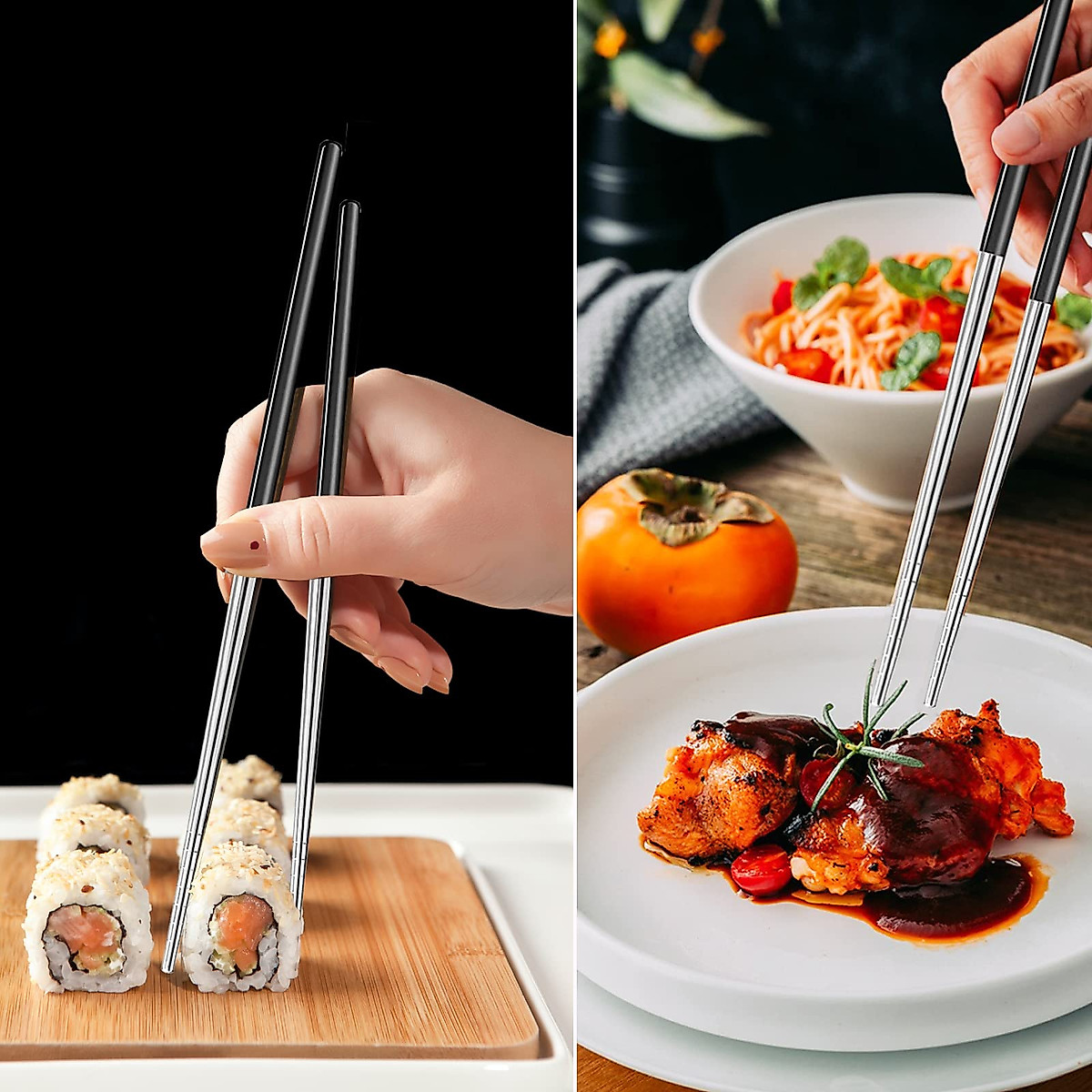 5 Pairs Stainless Steel Chopsticks, Slivek Reusable Premium Lightweight 304 Metal Chopsticks Dishwasher Safe, Non-slip, Lightweight, 9.05 inches (Black Silver)