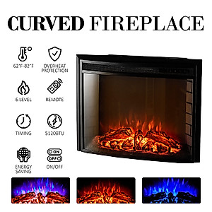 LUXOAK Curved TV Cabinet with 26" Electric Fireplace for TVs up to 65", Media Fireplace TV Console Table with Storage Farmhouse Glass Door, Distressed White