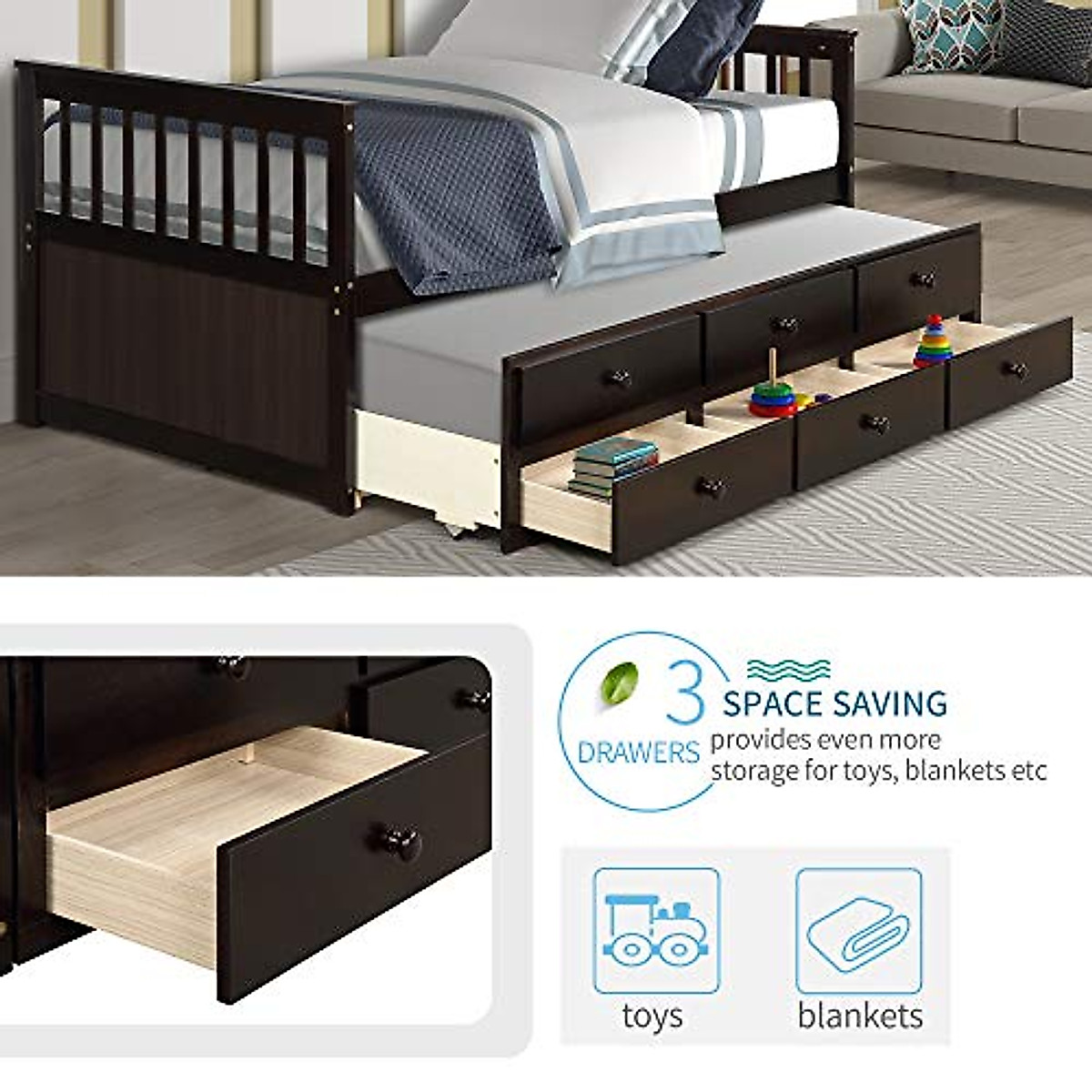Harper & Bright Designs Twin Captain's Bed Storage Daybed with Trundle and Drawers for Kids Teens and Adults, Espresso